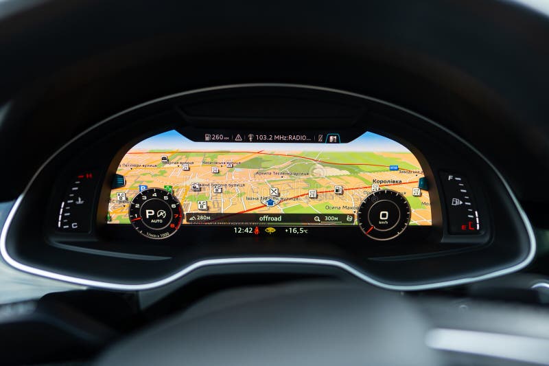 Cropped View of Modern Instrument Cluster with Navigation Screen in ...