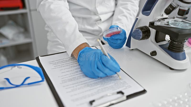 Cropped View of a Scientist in a Laboratory Analyzing Specimens with a ...