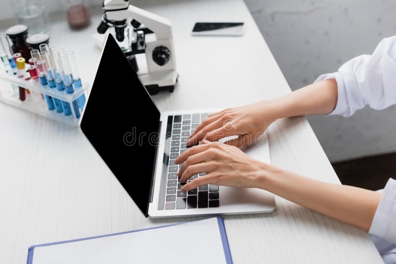 Cropped View of Scientist Typing on Stock Image - Image of laboratory ...