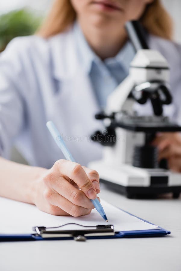 Cropped View of Scientist Writing on Stock Image - Image of analysis ...