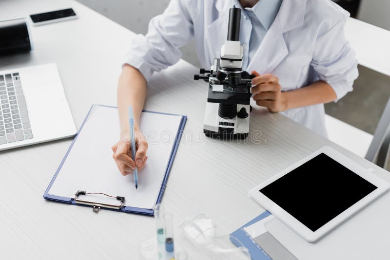 Cropped View of Scientist Writing on Stock Image - Image of science ...