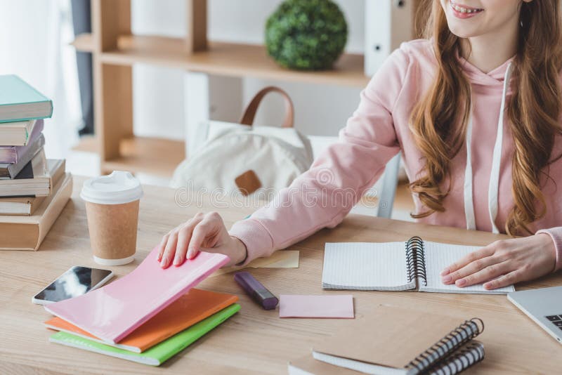 Cropped View Smiling Student Sitting at Table Stock Photo - Image of ...
