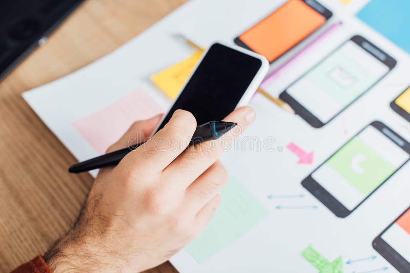 Cropped View of Ux Designer Using Smartphone and Holding Stylus of ...