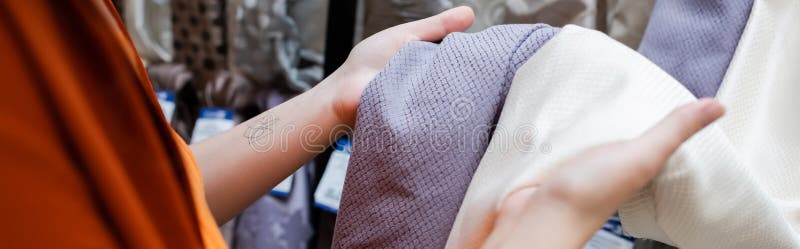 Cropped View of Woman Comparing Fabric Stock Image - Image of modern ...