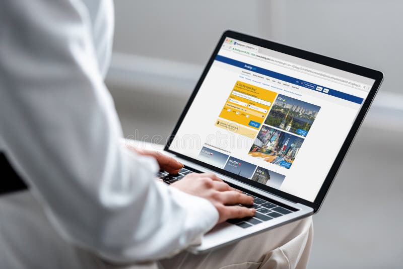 Laptop with Booking Website on Screen on Work Desk Editorial Image ...