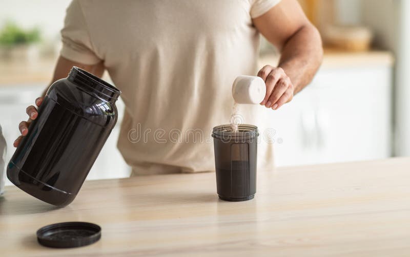 Cropped View of Young Fit Guy Making Protein Shake in Kitchen, Closeup ...