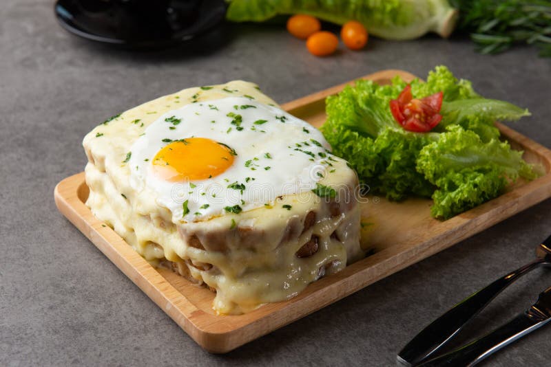 Croque-madame Toast with Egg and Cheese Stock Photo - Image of white ...