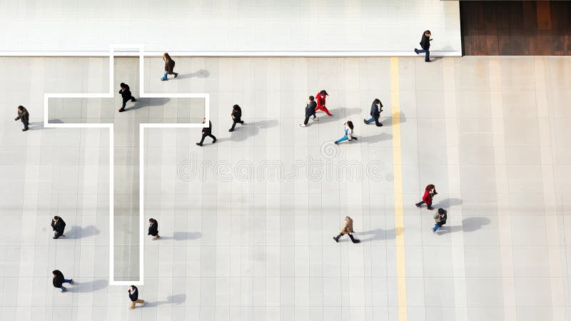 Cross on an Aerial View of a Crowd of People Walking. Conceptual with ...