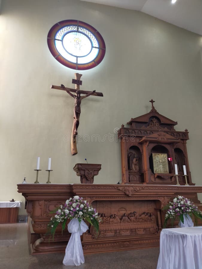 The Cross and Altar Pulpit Made of Wood in the Church Stock Image ...