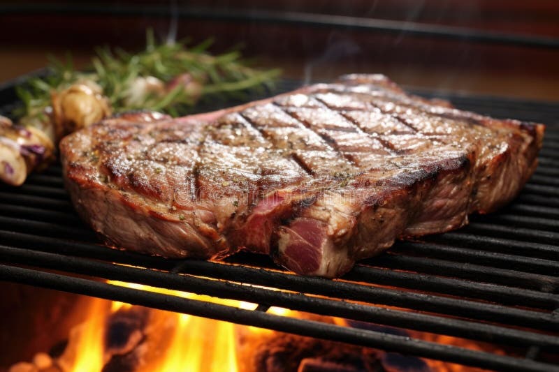 Cross Angle Shot of T-bone Steak Sizzling on Grill Stock Image - Image ...