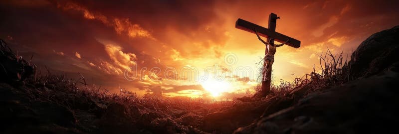 A Cross Atop a Hill As the Sun Sets, Clouded Sky Overhead Stock Photo ...