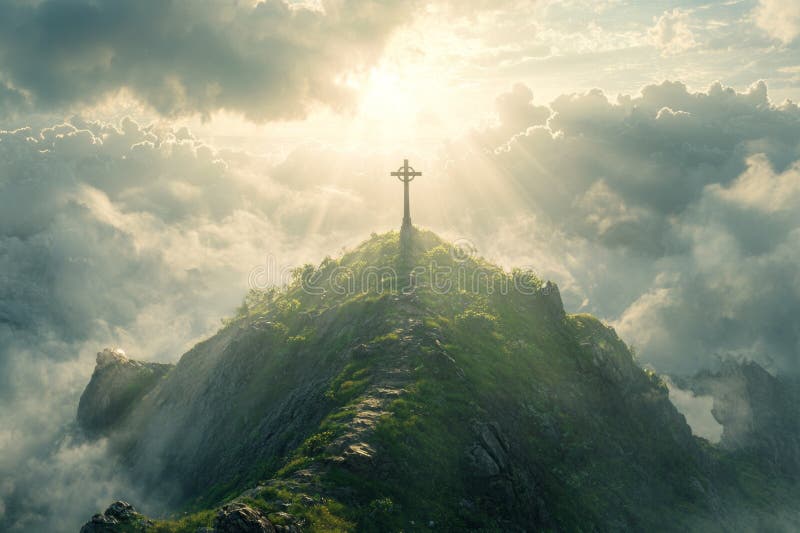 Cross Atop a Mountain Peak with Radiant Sunlight Breaking through the ...