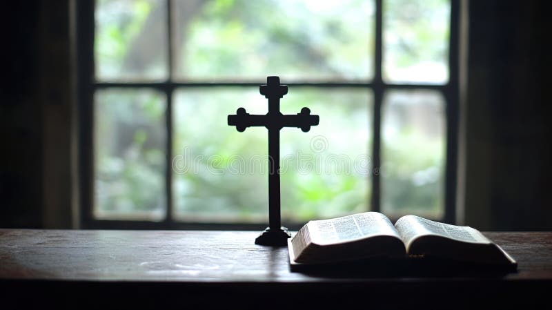 Cross and Bible on Wooden Table by Window Stock Photo - Image of gospel ...