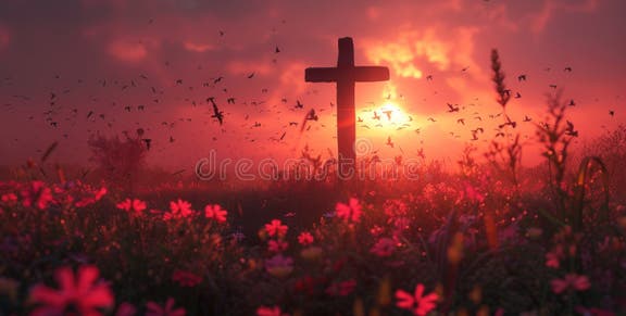 Cross and birds in sunset stock illustration. Illustration of religious ...