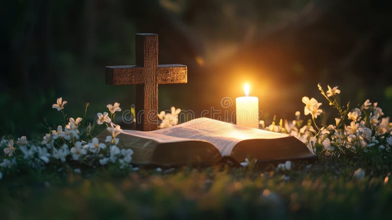 A Cross, a Book, and a Candle Rest on the Ground, Symbolizing Faith and ...