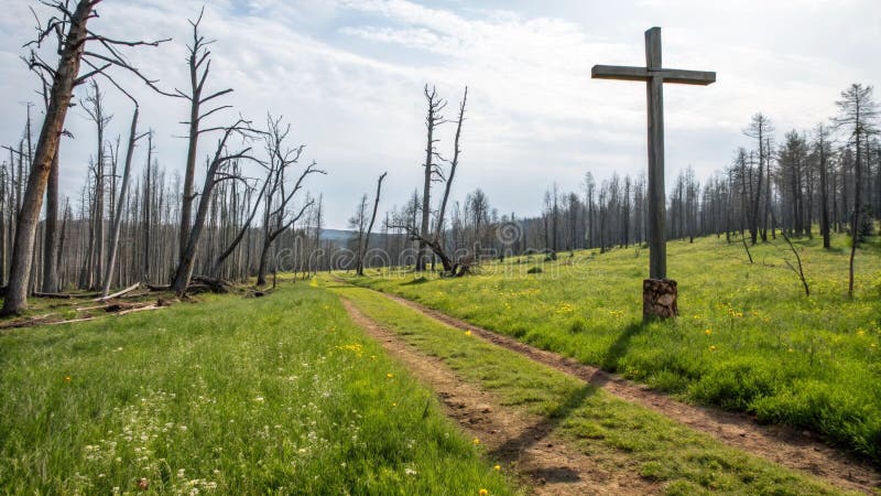 Cross Bridge between Dead Forest and Meadow Stock Illustration ...