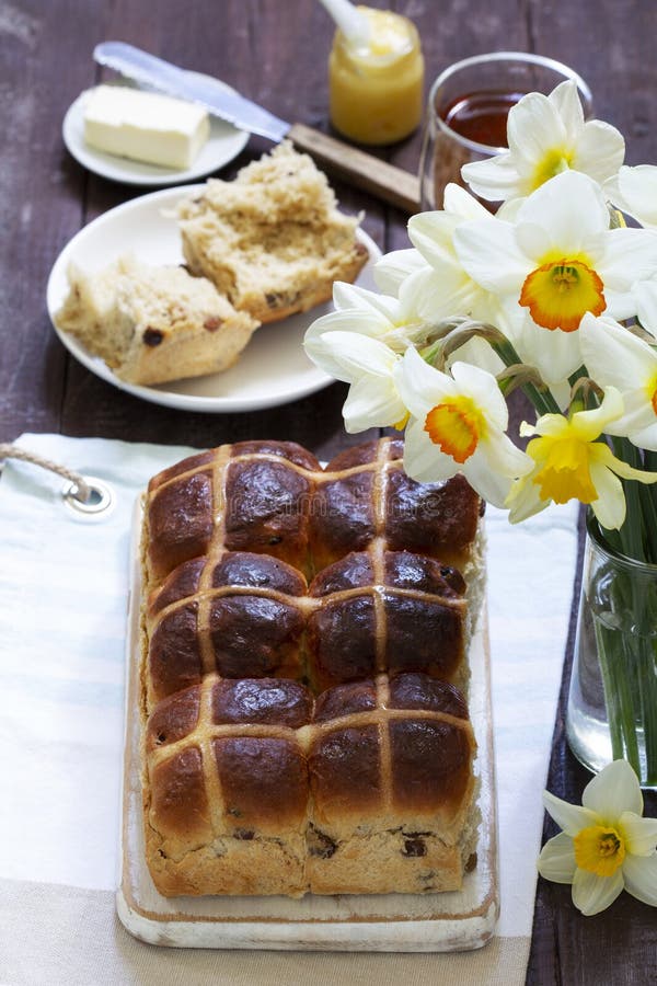 Cross Buns Served with Butter, Honey and Tea. Easter Breakfast. Stock Photo - Image of cross ...