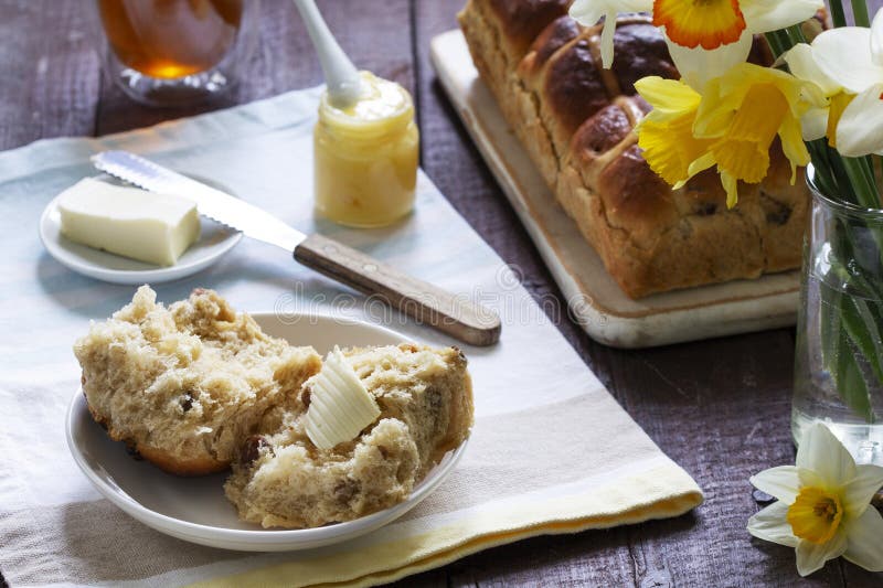 Cross Buns Served with Butter, Honey and Tea. Easter Breakfast. Stock ...