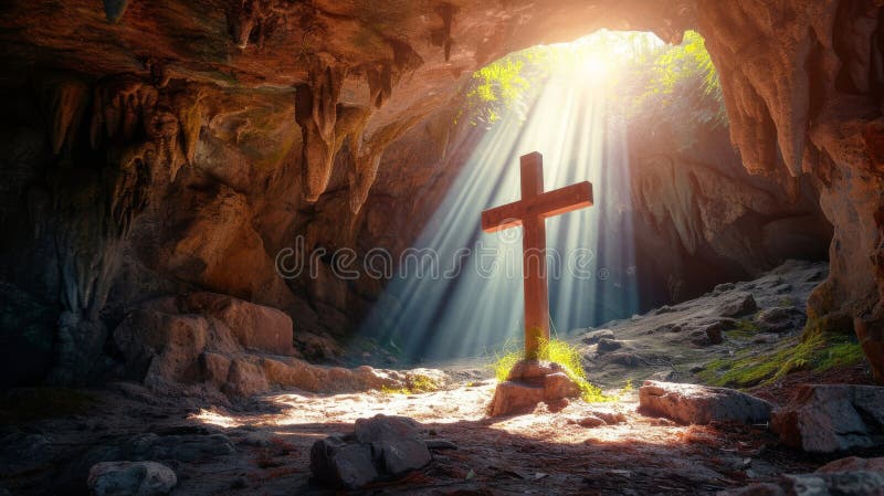 Cross in Cave with Rays of Sunlight Stock Image - Image of serene ...
