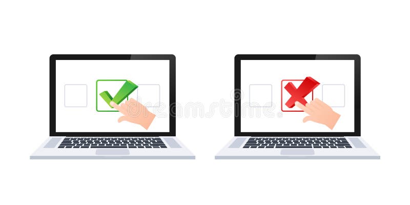 Cross and Check Marks on Laptop Screen. Wrong and Right. Vector Stock ...