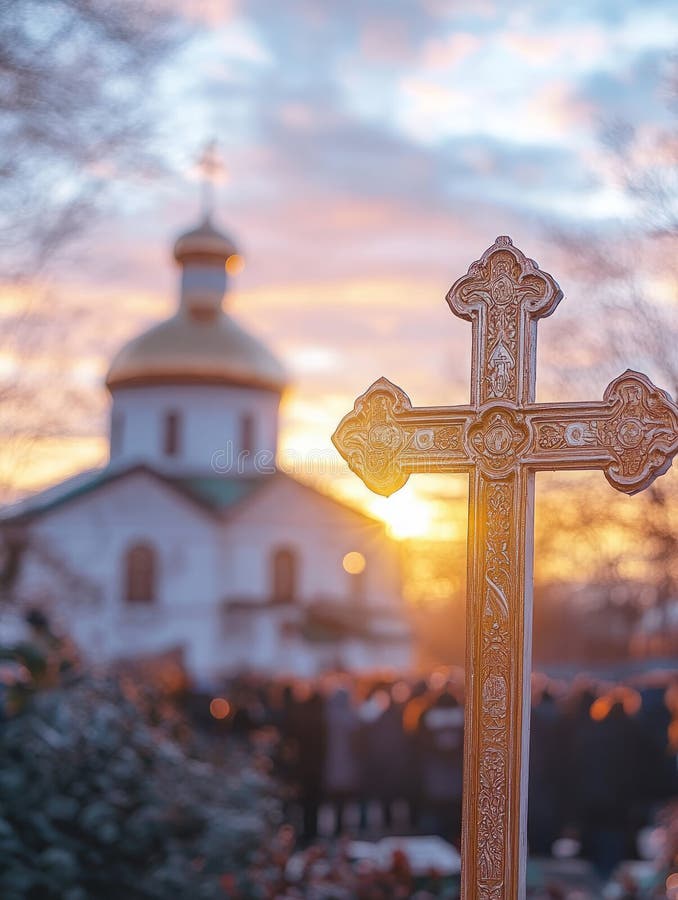 Cross with Church in the Background during Sunset. Stock Photo - Image ...