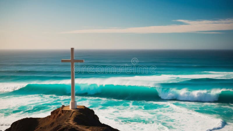 Cross on Cliff Overlooking Turquoise Ocean Waves. Stock Image - Image ...