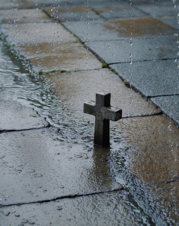 A Cross on Cobblestone Surrounded by Water Drops Cascading Down ...