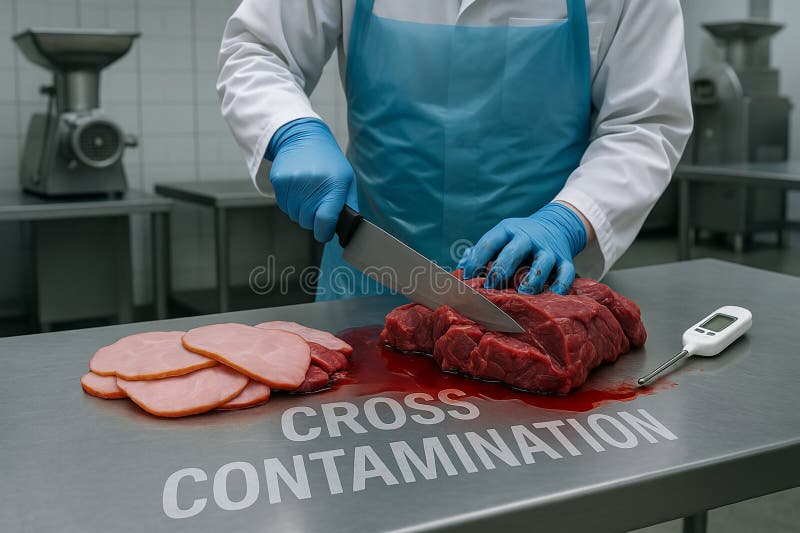 Cross Contamination Scenario As Raw Beef is Cut Adjacent To Cooked Ham ...