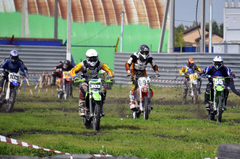 Cross-country Race. Motorcyclists on Motorcycles Enter Turn. Editorial ...