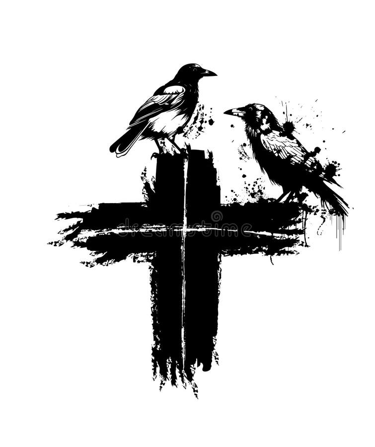 Cross with a Crow. Hand Drawing. Not AI, Vector Illustration Stock ...
