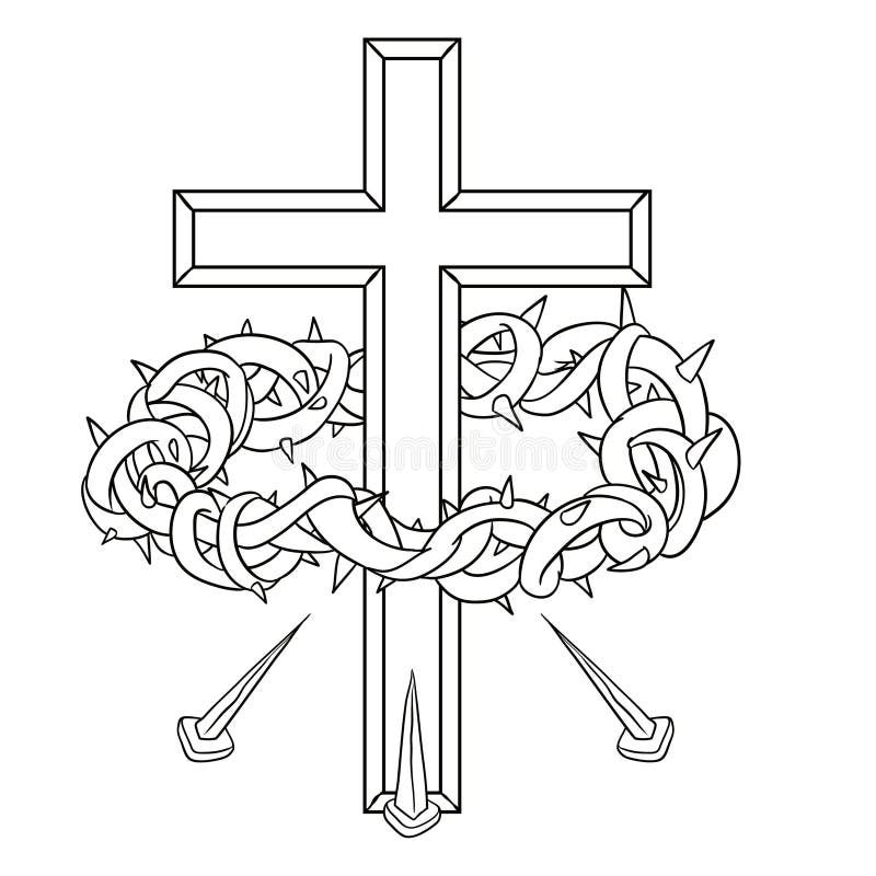 Cross, Crown of Thorns and Nails in Outlines for Coloring, Vector ...