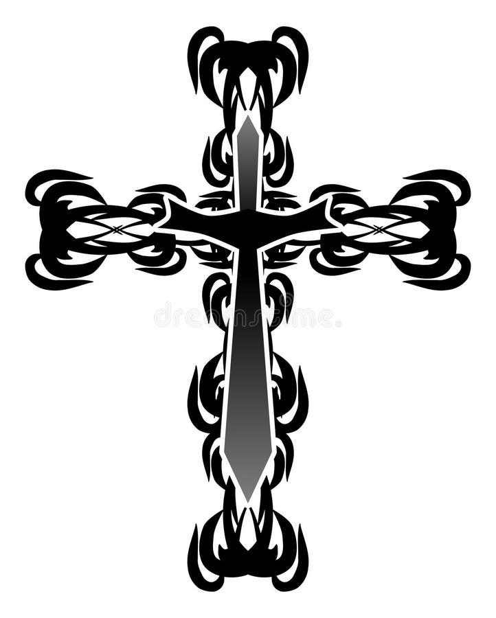 Cross with Dagger, Weapon, Tattoo, Black and White, Isolated. Stock ...