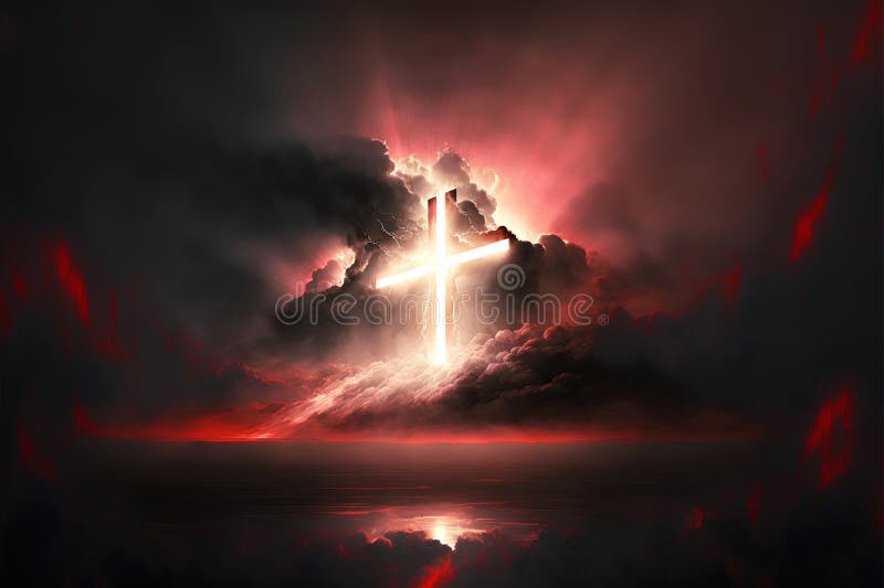 Cross in the Dark Sky with Clouds and Reflection in Water. 3d ...