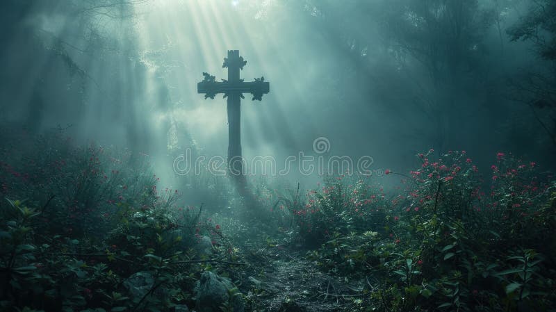 Cross at Dawn in a Heavenly Forest Rays of Light Piercing through ...