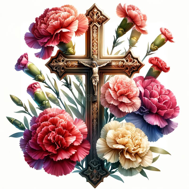 Cross Decorated with Easter (Carnation). Watercolor Illustrations on a ...