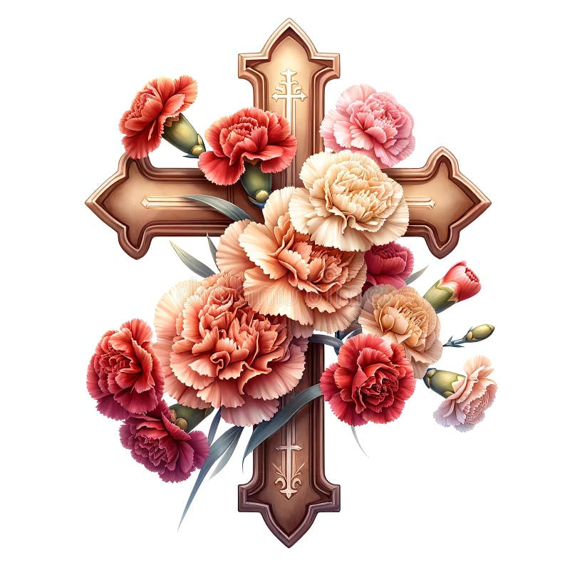 Cross Decorated with Easter (Carnation). Watercolor Illustrations on a ...