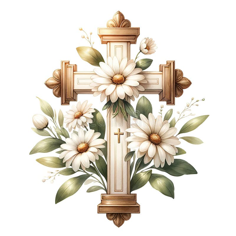 Cross Decorated with Easter (Daisy). Watercolor Illustrations on a ...