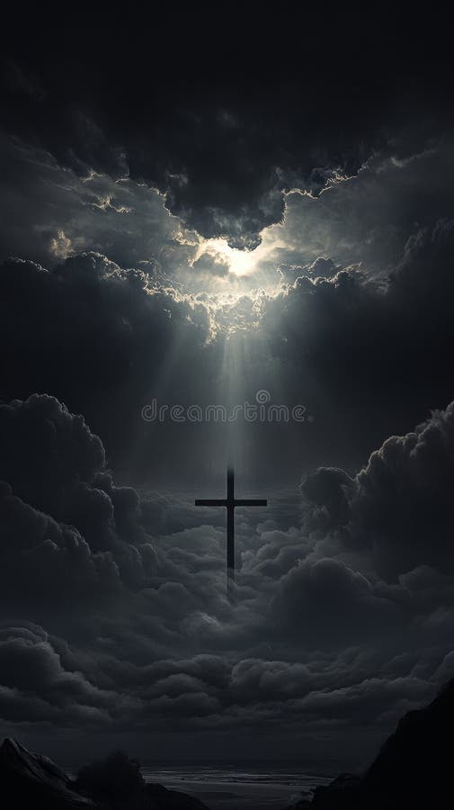 Cross in Dramatic Cloudy Sky with Sun Rays Breaking through, Spiritual ...