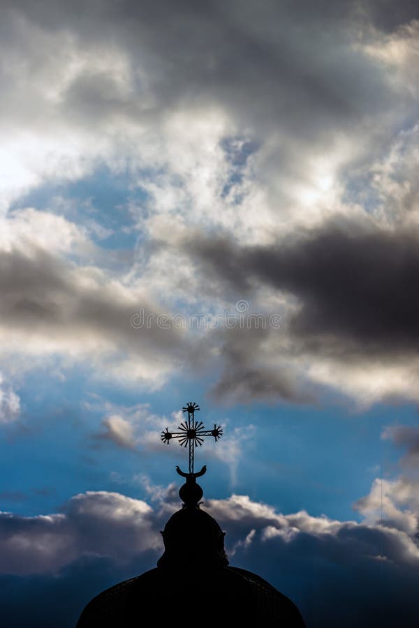 Cross on the Dramatic Curtain of Sunset Clouds Stock Photo - Image of ...