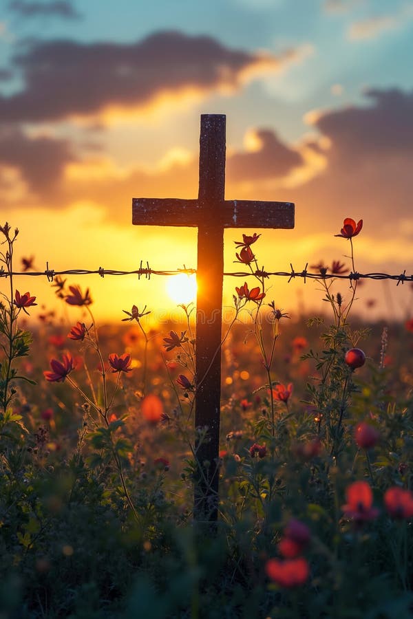 A Cross in a Field of Flowers with the Sun Setting Behind it Stock ...
