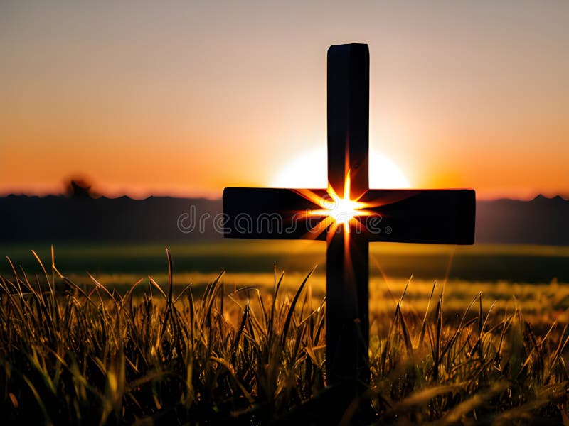 Cross in the Field at Sunset, Ai Generated Stock Illustration ...