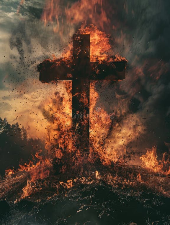 Cross on fire on hill stock image. Image of apocalypse - 376734193