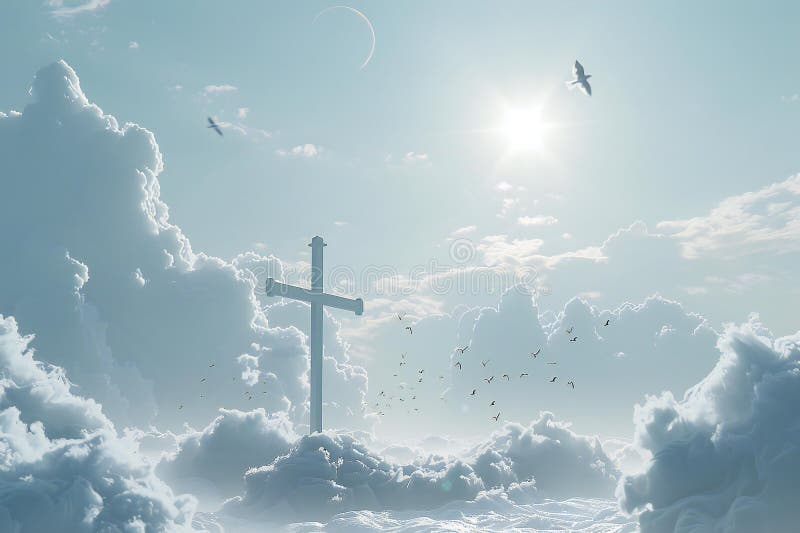 A Cross Floating in the Clouds, Birds Flying Around it, with a White ...