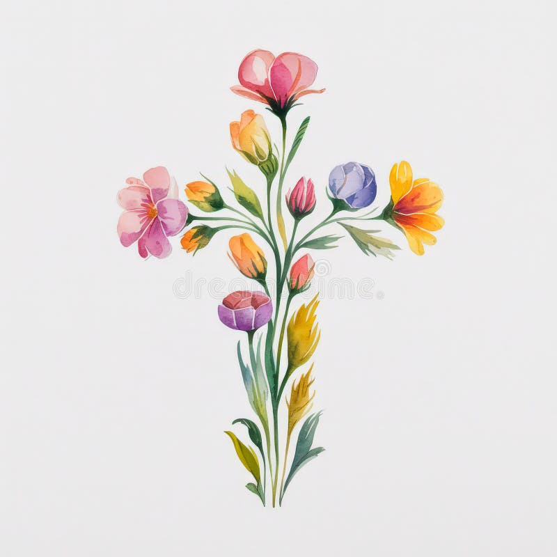 Cross with Flowers in Watercolors Stock Illustration - Illustration of ...