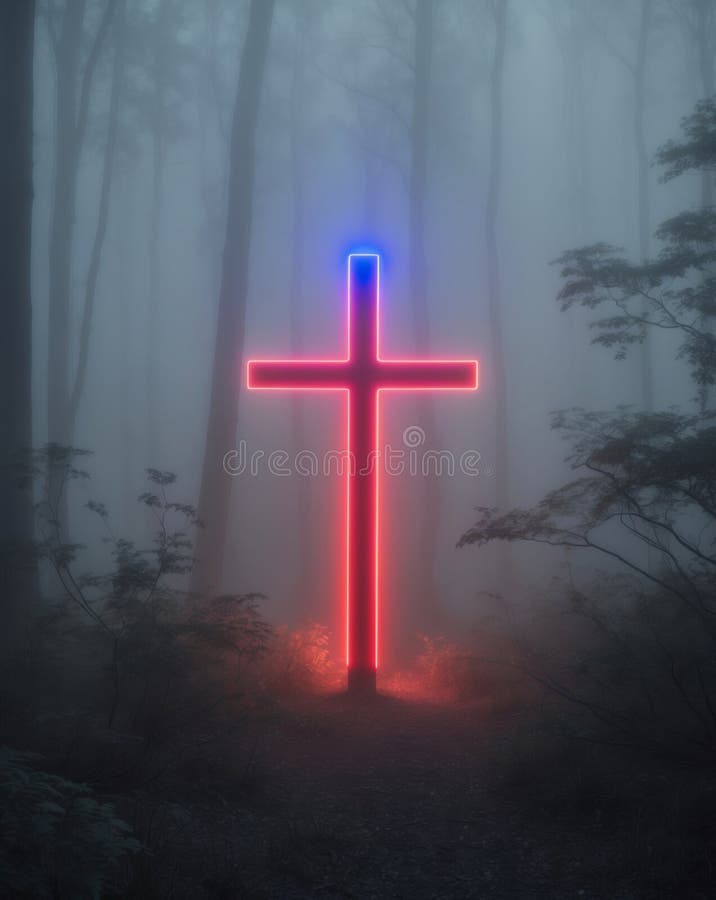 A Cross in the Forest Emits a Red and Blue Light from Its Top. Stock ...