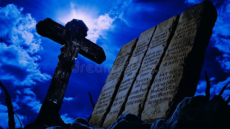 A Cross is in Front of a Stone Slab with Writing on it Stock ...