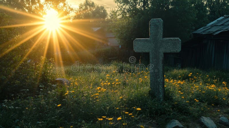 Cross on the Grass Illuminated by the Golden Rays of the Setting Sun in ...