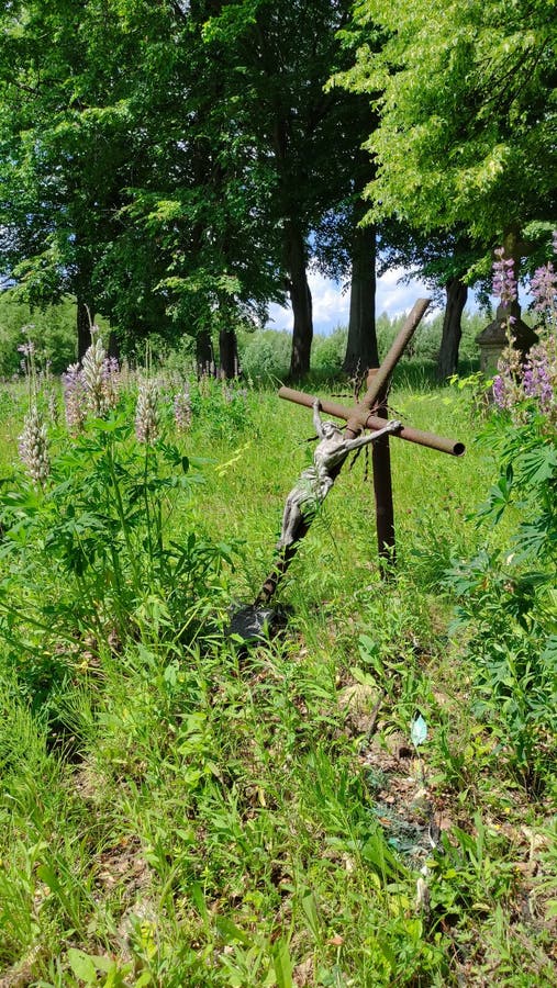 A cross among greenery. stock photo. Image of greenery - 254918646