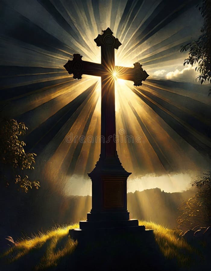 Cross on Hill among Clouds with Sun Rays Stock Illustration ...