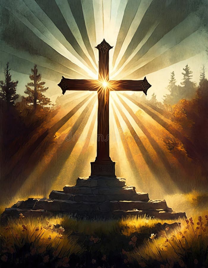 Cross on Hill among Clouds with Sun Rays Stock Illustration ...